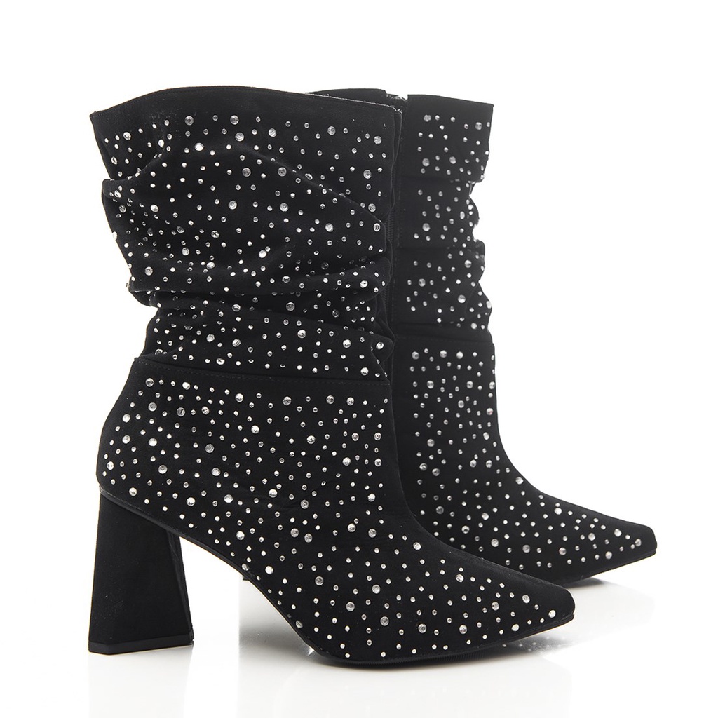 Bota Feminina Cano Médio Angela com Pedraria Strass e Salto | Shopee Brasil