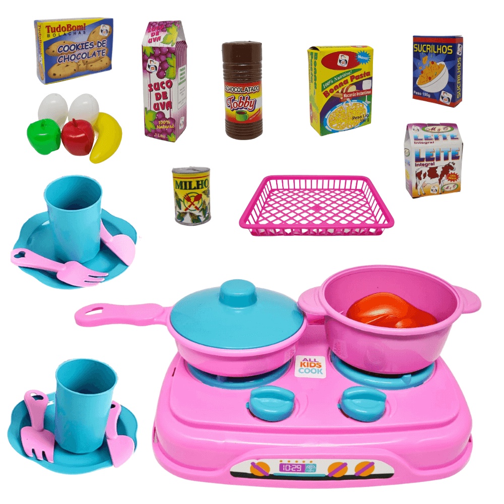 Kit Cozinha de Brinquedo C/ 25 pcs - Fogão Panelas Comidinhas Copos Pratos Talheres Infantil ...