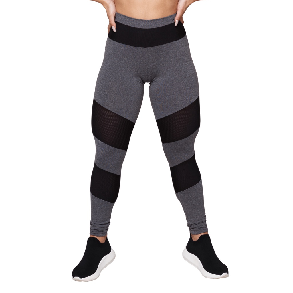 Calça Legging Cinza Mescla Com Detalhe em Tela Preta AVA Fitness ...