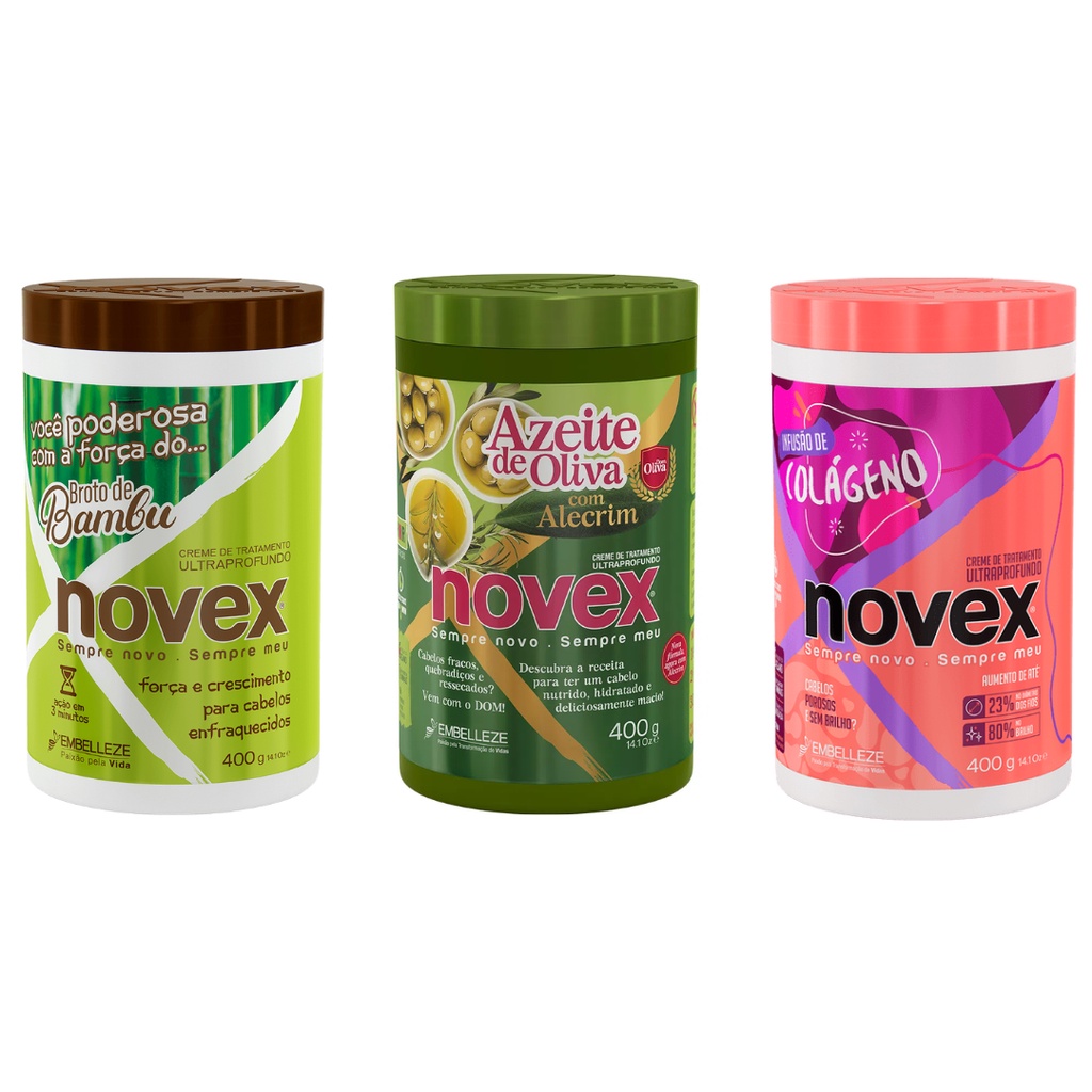 Kit Cronograma Capilar Novex Cremes de Tratamento Embelleze 400g - Broto de Bambu/Azeite de ...