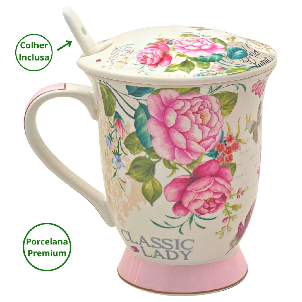 Caneca para Chá Leite Café em Porcelana Premium com Infusora e Colher ...