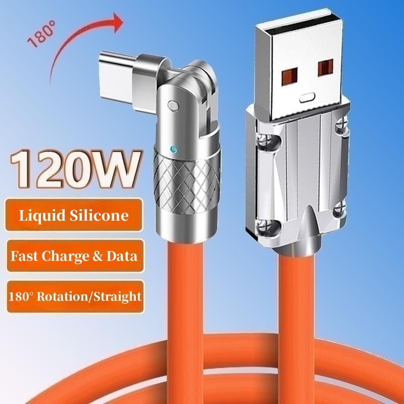 Cabo De Dados De Cotovelo Rotativo De 120W 6A USB Tipo C Carregamento Super Rápido De 180 Graus ...