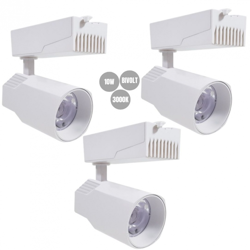 KIT 3 SPOT LED 10W TRILHO ELETRIFICADO BRANCO 3000K GALAXY | Shopee Brasil