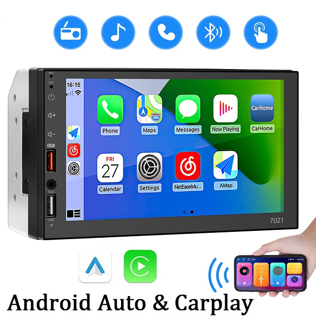 Multimídia MP5 Bluetooth Com Espelhamento via Cabo CarPlay e Android Auto, Tela de 7 Polegadas ...