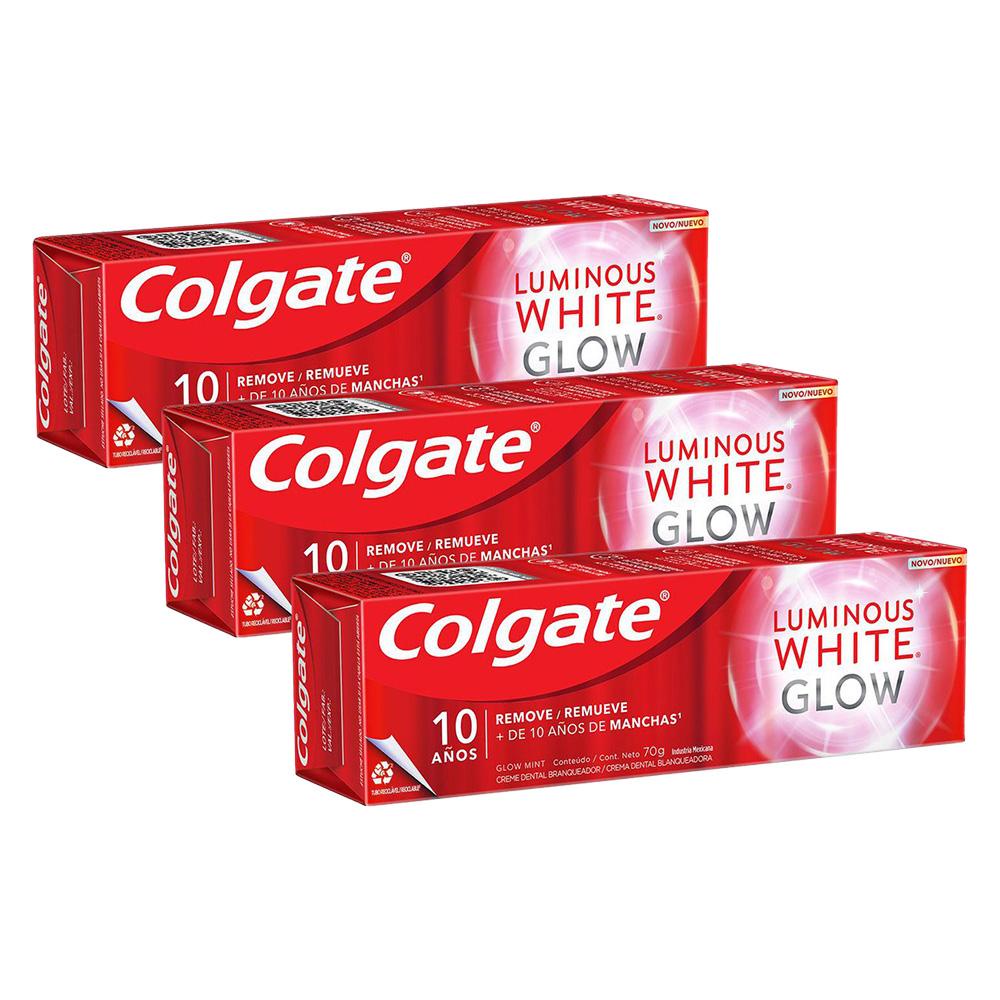 Kit com 3 Cremes Dentais Colgate Glow Mint Luminous White 70g - Melhora ...