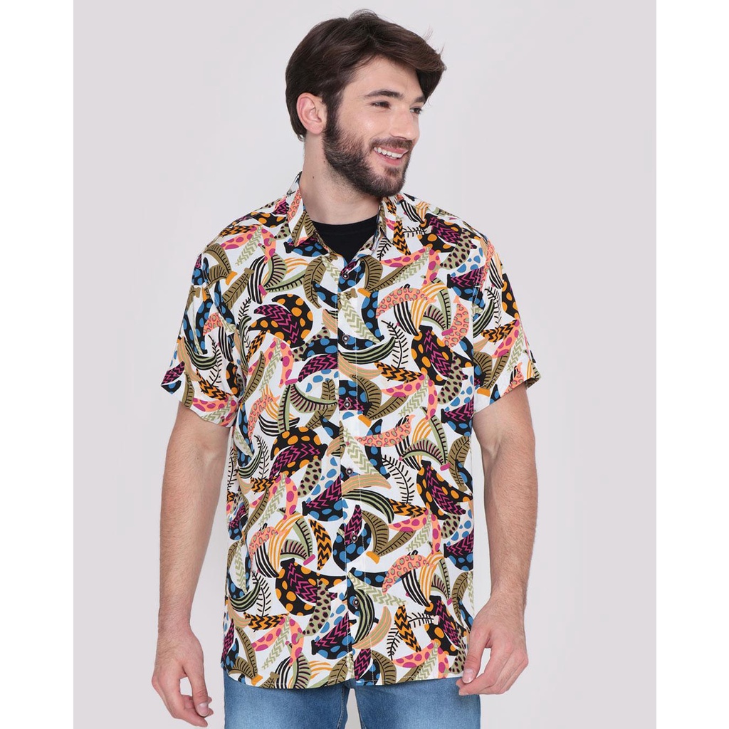 Camisa Masculina Viscose Estampa Colorida Branca | Shopee Brasil