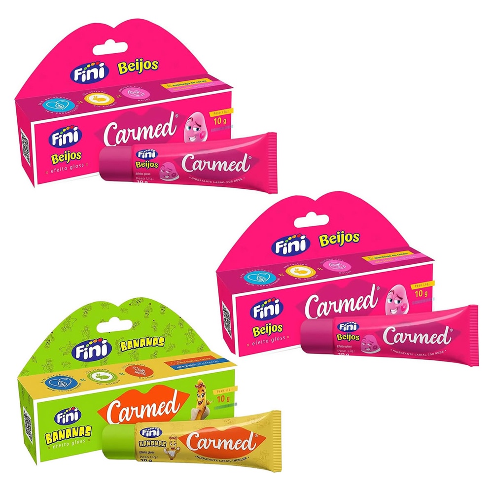Kit 3 Unidades Hidratante Labial Carmed Fini 2 Beijos e 1 Bananas Efeito Gloss 10g | Shopee Brasil