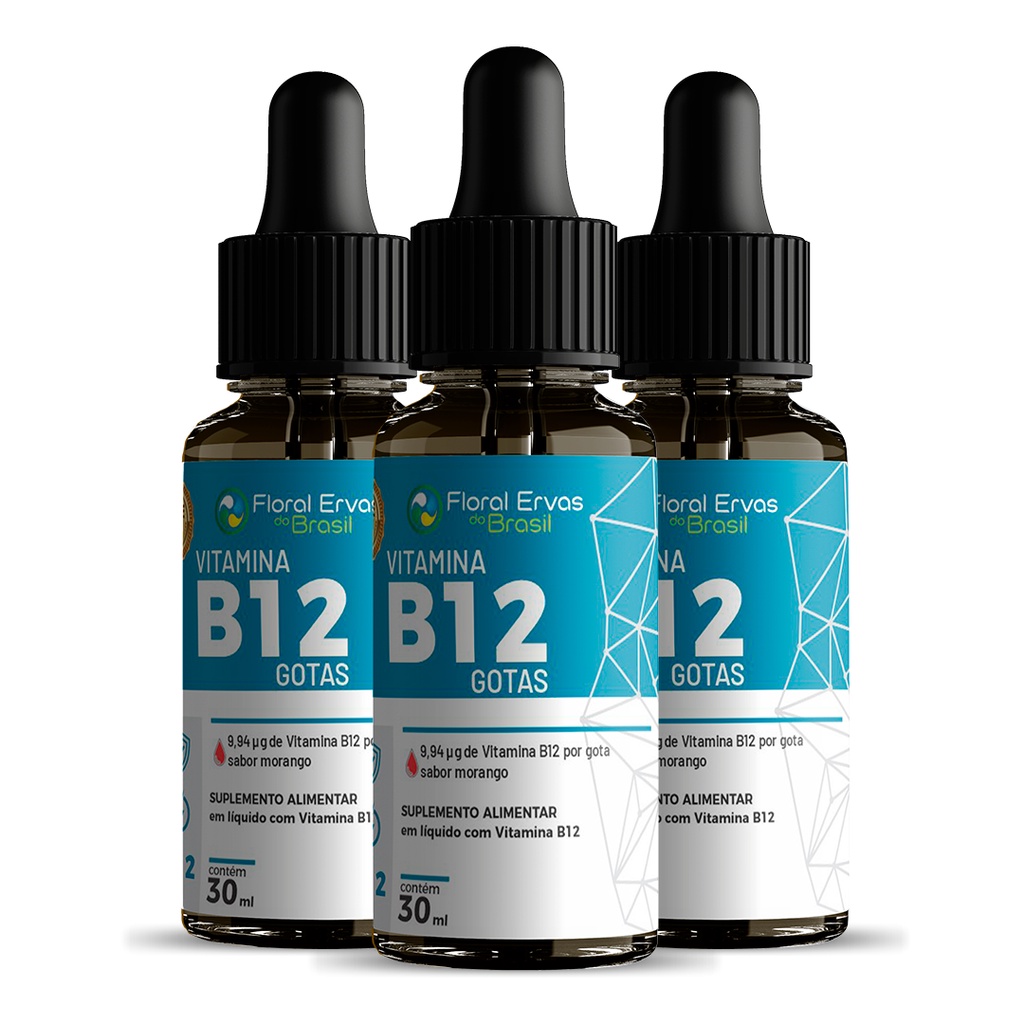 Kit 3 Suplementos VITAMINA B12 Sublingual 30ml Sabor Morango Vitamina ...