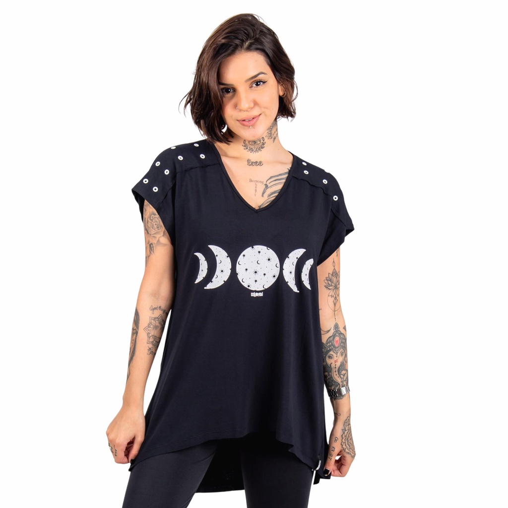 Blusa Estampa Fases Da Lua Mullet Longline Gola V Moda Rock | Shopee Brasil