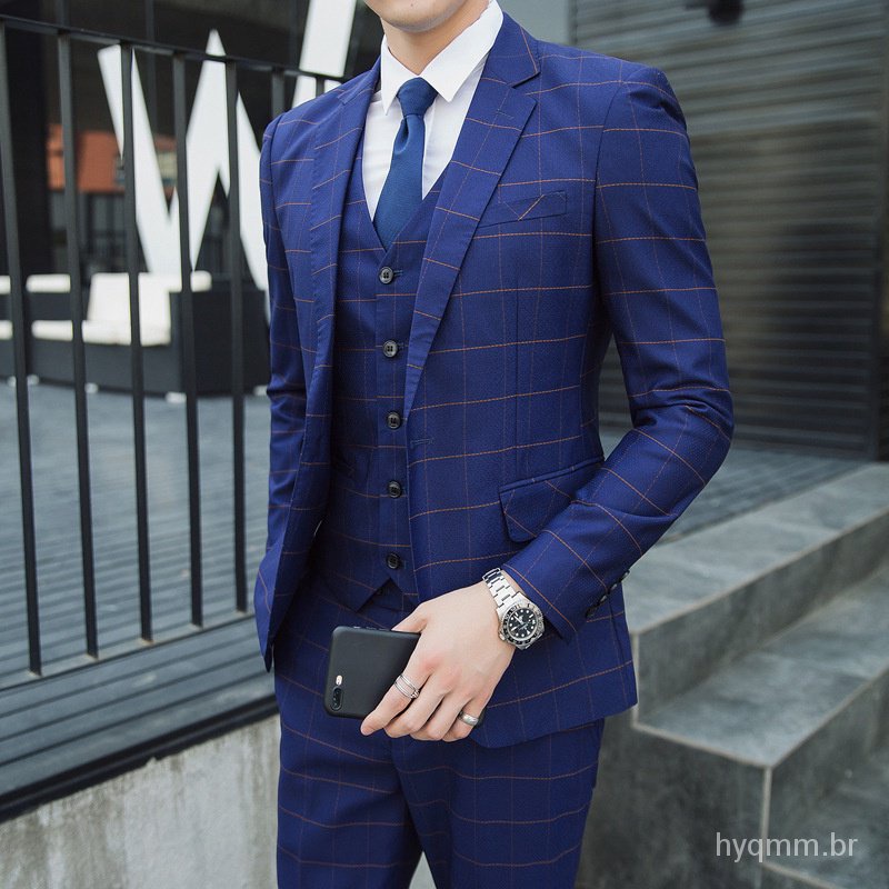 Conjunto de terno xadrez de três peças para homens terno slim coreano ...