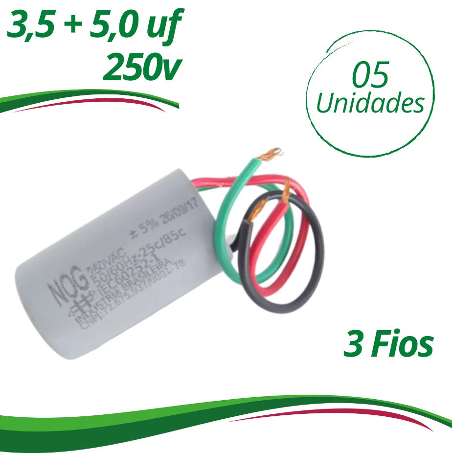 Capacitor Duplo 3 Fios 3,5uf+5uf 250v Ventilador Teto - 5und | Shopee ...