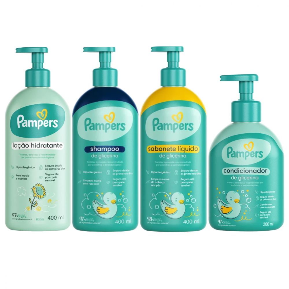 Kit Pampers Shampoo Condicionador Sabonete Líquido e Hidratante 400 e ...