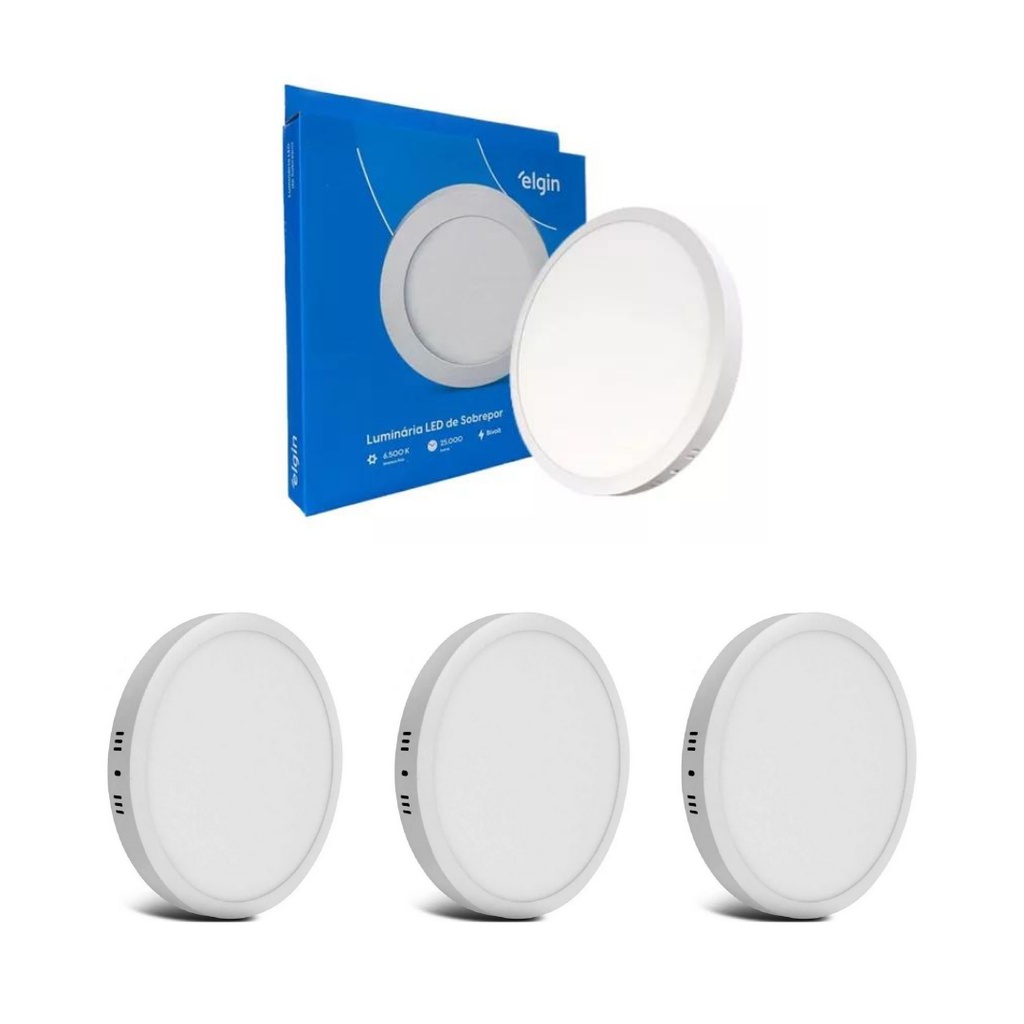 KIT 3 Painel Plafon Led Sobrepor Redondo 18w 6500K Elgin | Shopee Brasil