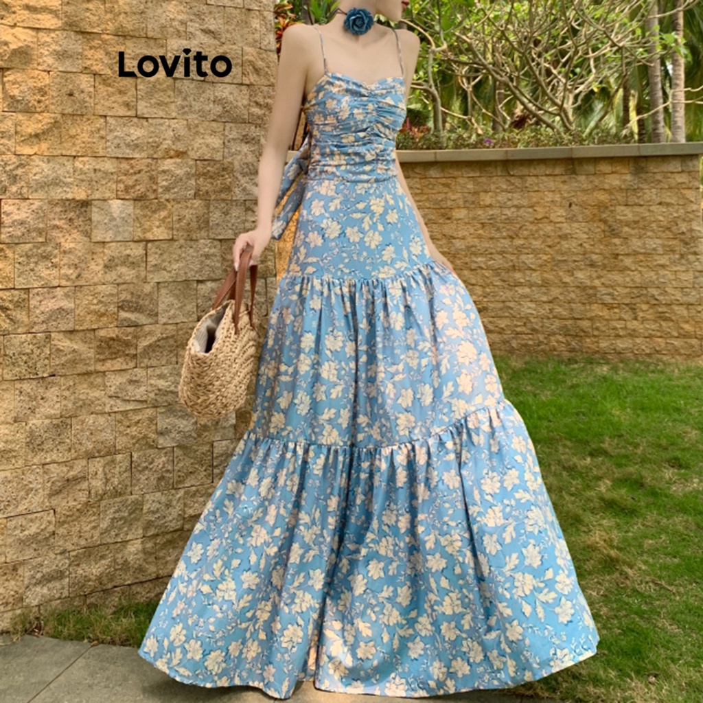Lovito Casual Vestido Feminino Floral De Camadas Franzido De Alcinha