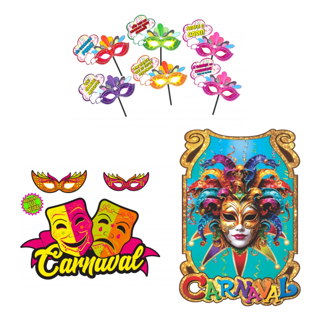 Kit Decoração Carnaval 12 Itens - 4 Painel + 6 Plaquinhas + 1 Cortina ...