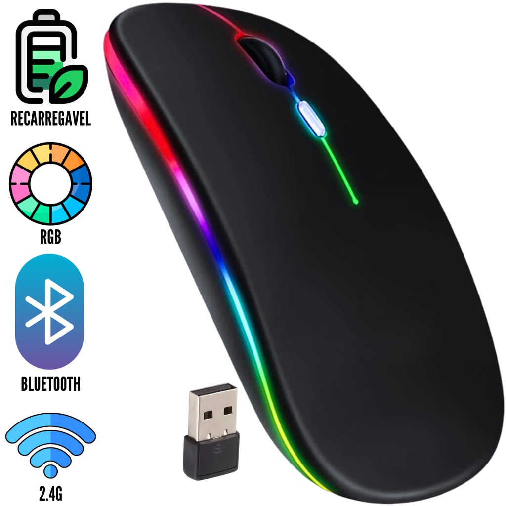 Mouse Sem Fio Bluetooth Recarregavel Wireless Led Rgb 2.4 Ghz Lehmox | Shopee Brasil