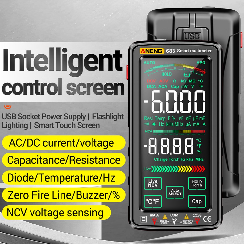 DIYMORE ANENG Multímetro Digital Recarregável Visor LCD Colorido 6000 ...