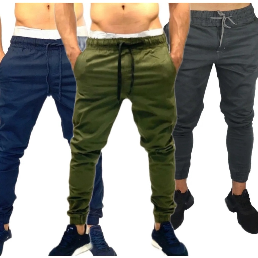 Kit 3 Calças Jogger Masculina Skinny Slim Fit Em Sarja Premium