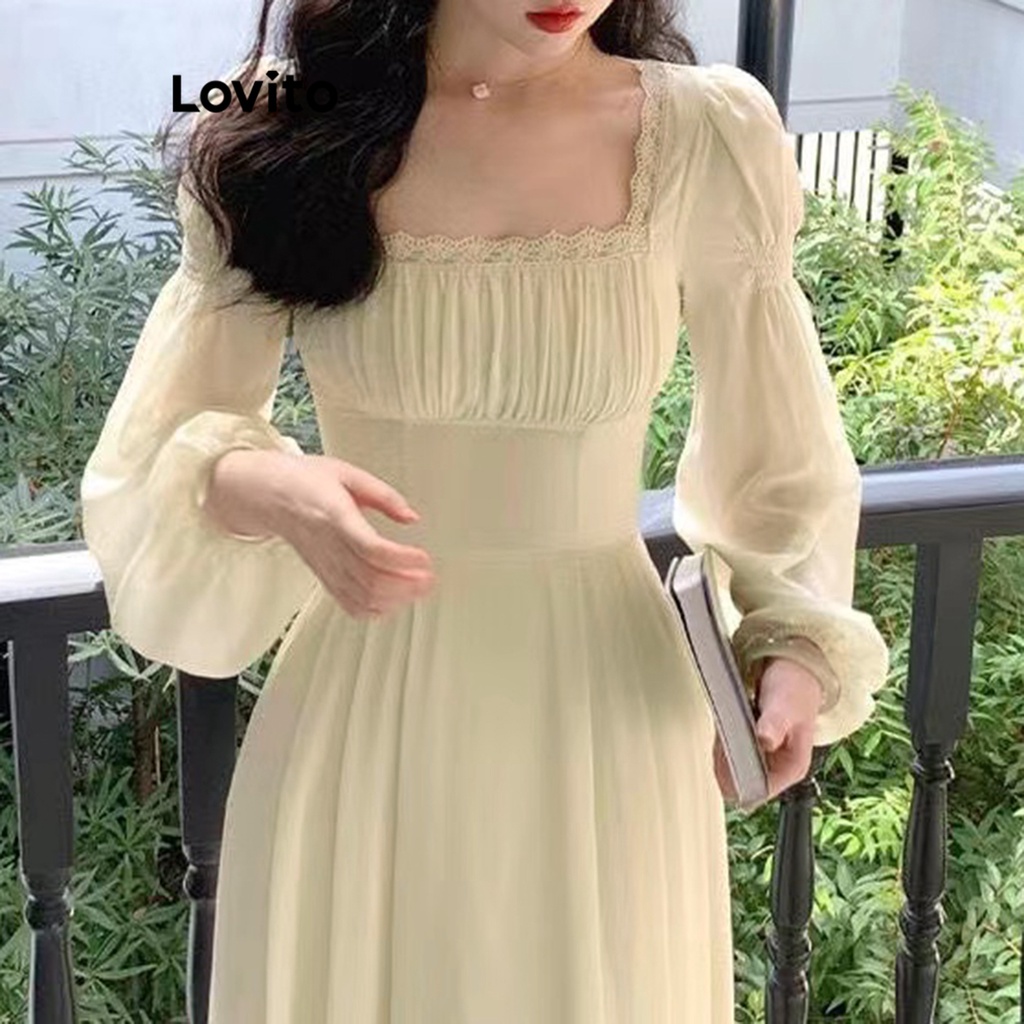 Lovito Casual Vestido Feminino Liso Franzido Com Gola Quadrada Lne29220