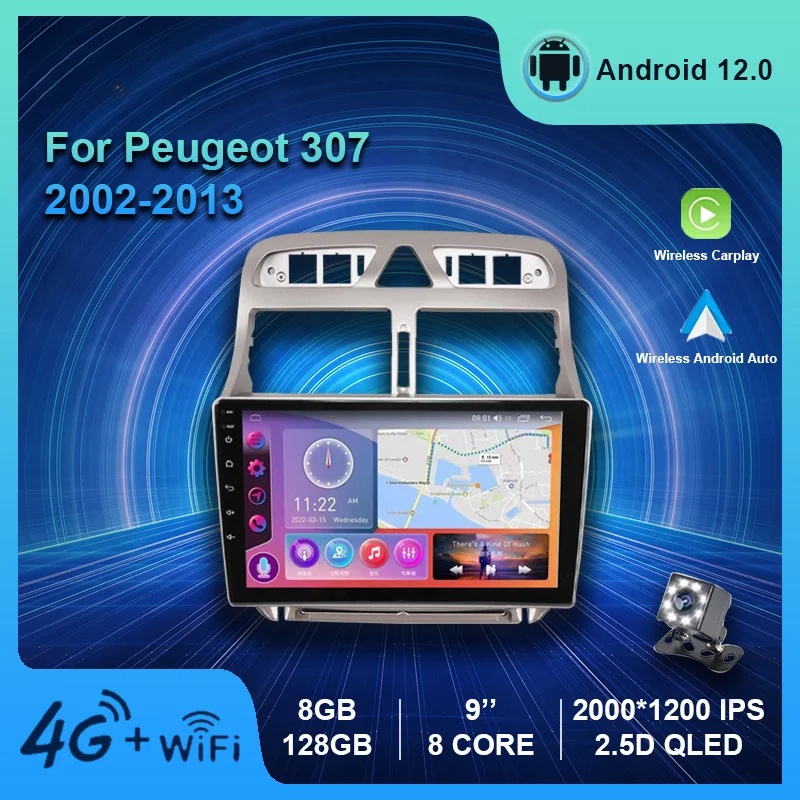 2K QLED Android 12 Rádio De Carro Para Peugeot 307 307CC 307SW 2002-2013 Reprodutor De Vídeo ...
