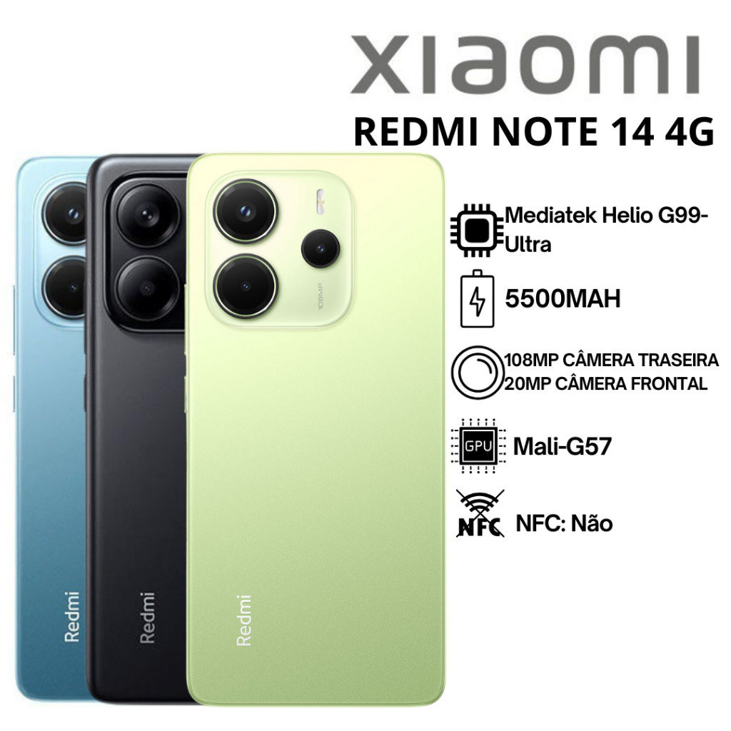 Xiaomi Redmi Note 14 4G, 128GB + 6GB RAM, Processador Helio, Câmera ...