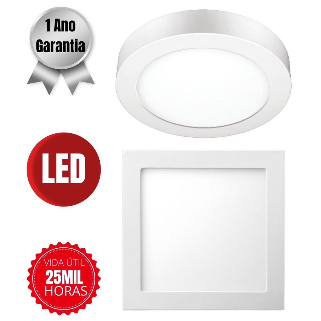 Painel Plafon Luminária de Led 18W 24W Quadrado Redondo Sobrepor Embutir Forro Gesso Teto 6500k ...
