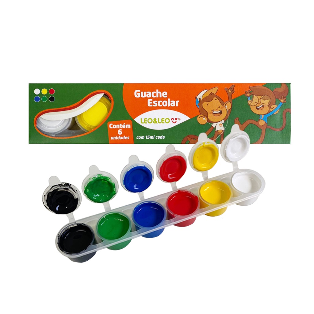 Tinta Guache Escolar 6 Cores 15ml Trabalho Escolar Brinquedo Leo e Leo ...