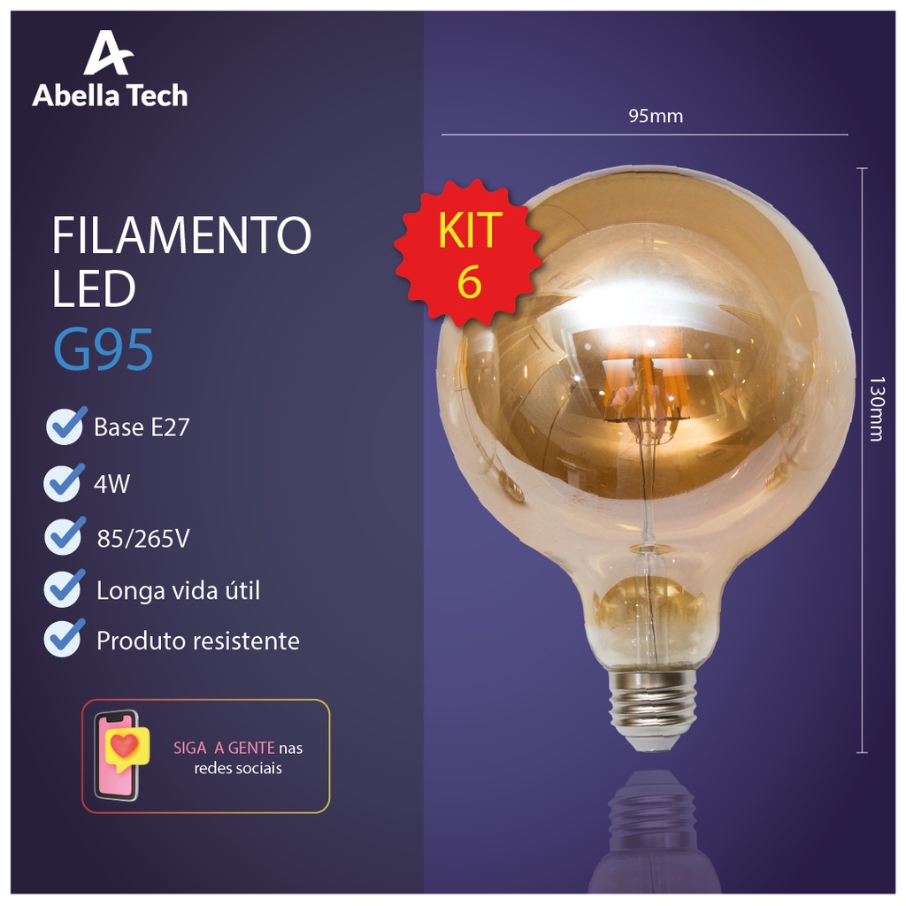 6 Lâmpada Filamento LED G95 4W E27 LUZ QUENTE (AMARELO) Âmbar Retrô ...