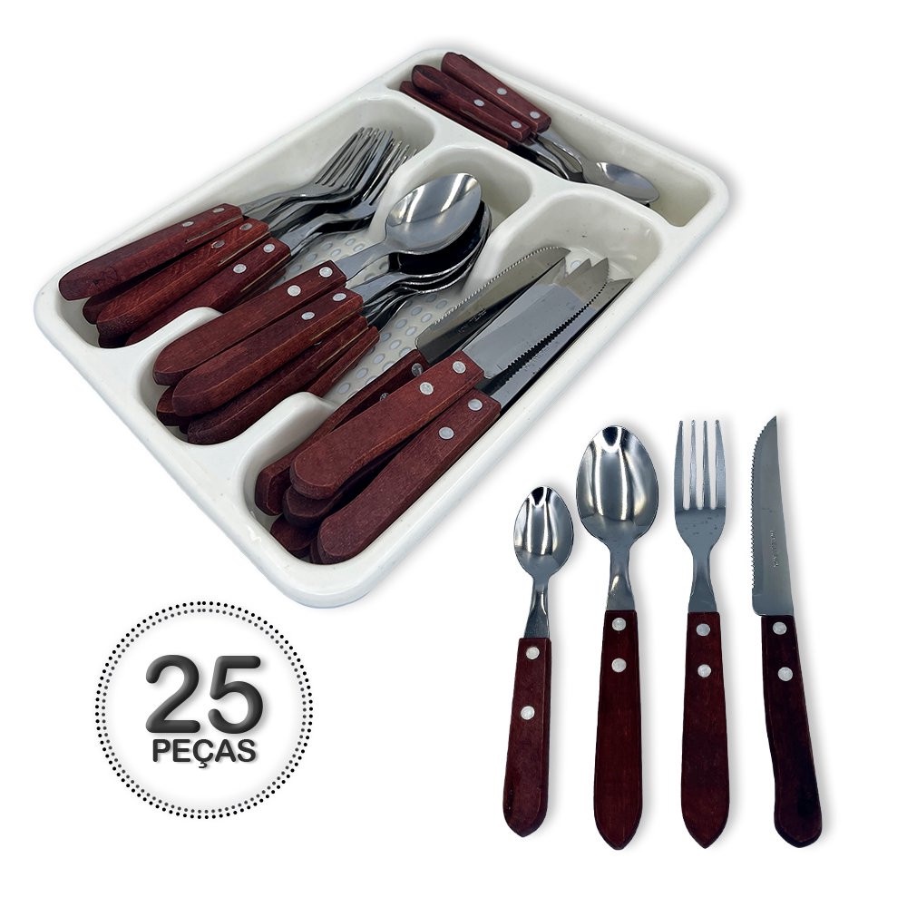 Kit Jogo de Talheres Inox Faqueiro Premium com 25 peças + Porta ...