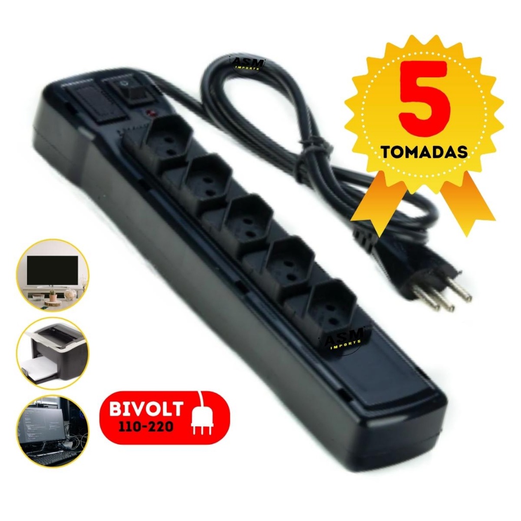 Regua Eletrica 5 Tomadas Filtro De Linha 1 Metro de Cabo Fiolux Fusivel Bivolt | Shopee Brasil