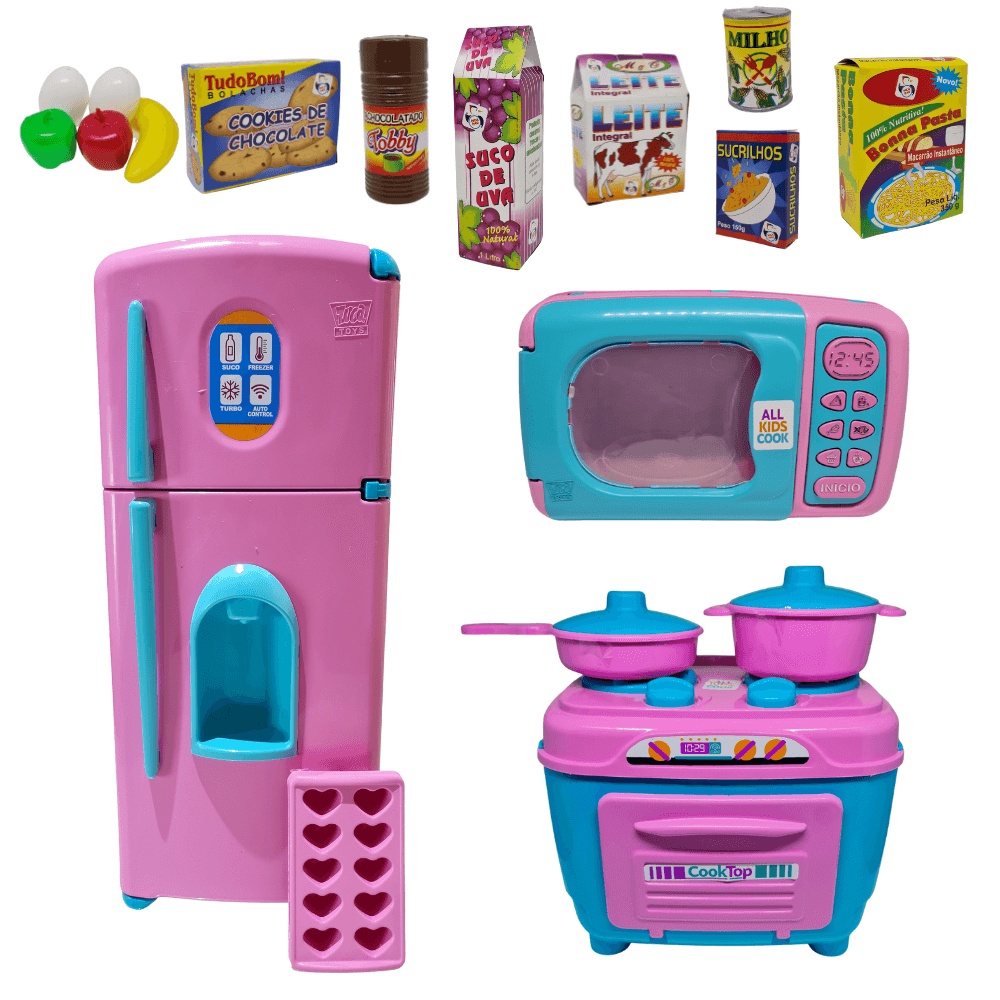 KIT Cozinha de Brinquedo Infantil Completa 19pcs Geladeira Fogão Microondas Comidinhas | Shopee ...