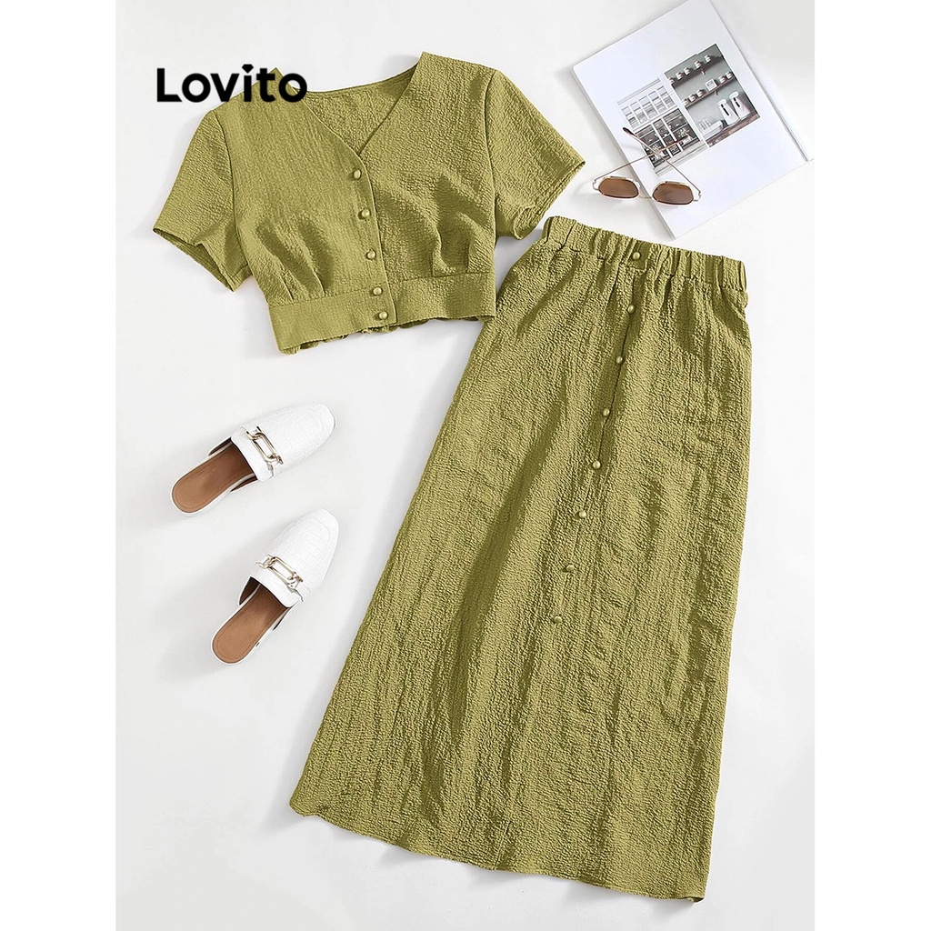 Lovito Conjuntos De Saia Jacquard Plissada Casual Com Botão Liso Para