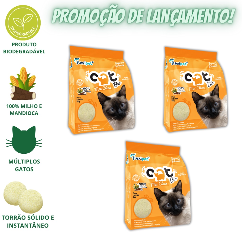 Areia Higiênica Biodegradável Catbio 4 Kg - Max Clean - Grãos Finos - Faz a Boa!