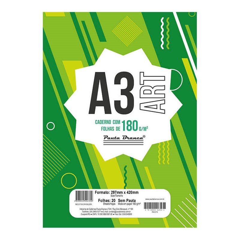 Bloco Papel Desenho A3 180g Pacote 20 Folhas Pauta Branca - Faz a Boa!
