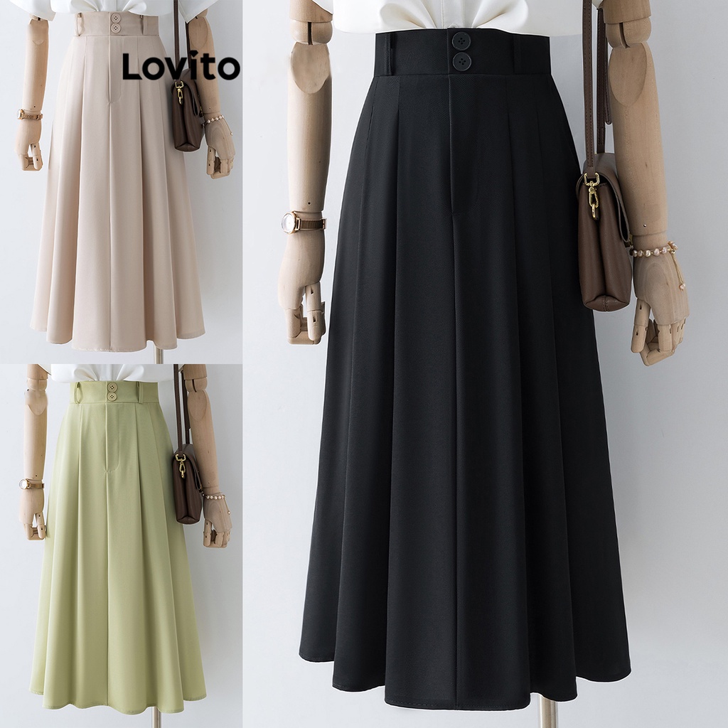 Lovito Saias Casuais Simples Plissadas Com Botão Duplo Para Vestido De