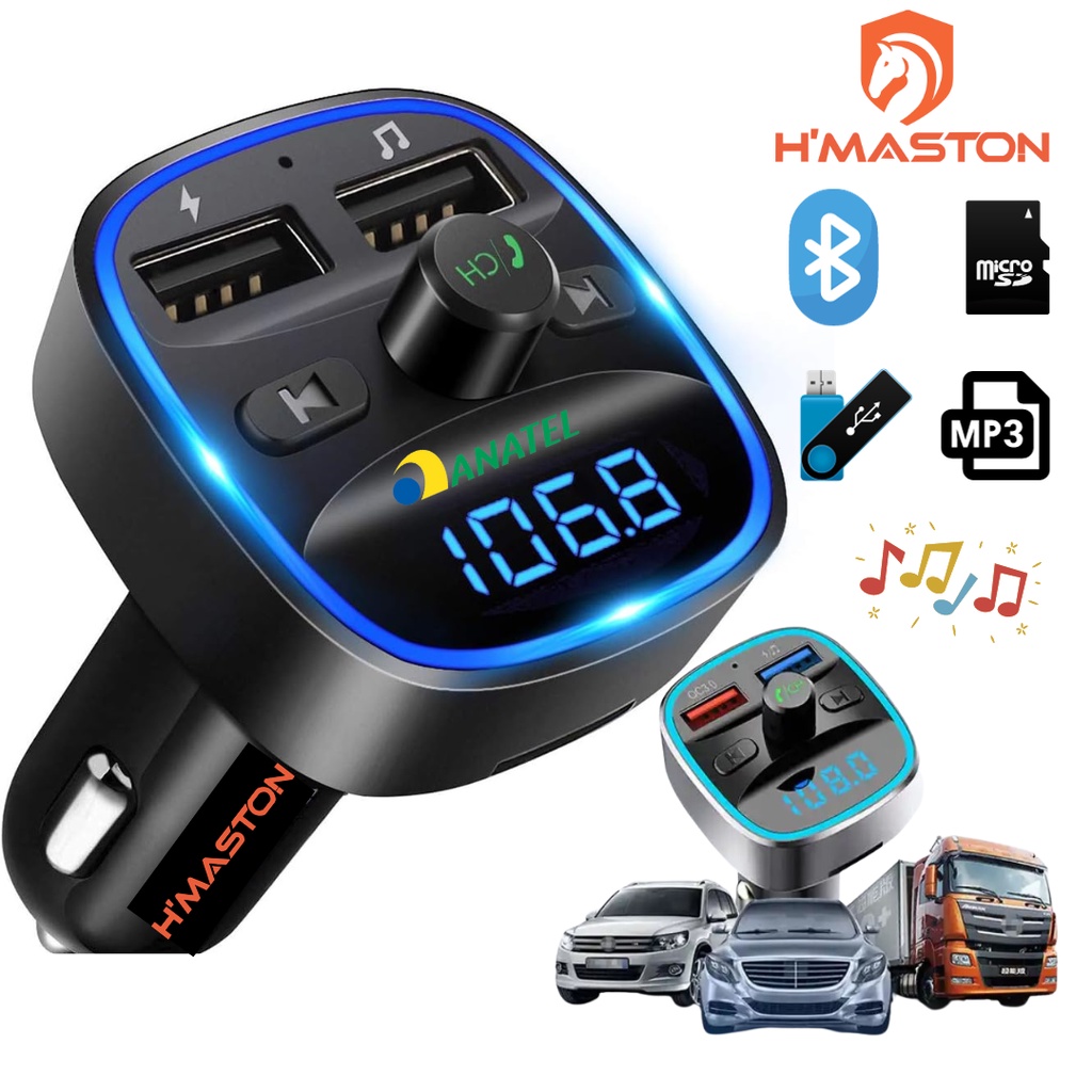 Carregador Celular Transmissor Fm Rádio Bluetooth Mp3 Para Carro Suporta Usb Pen Drive Cartão SD ...