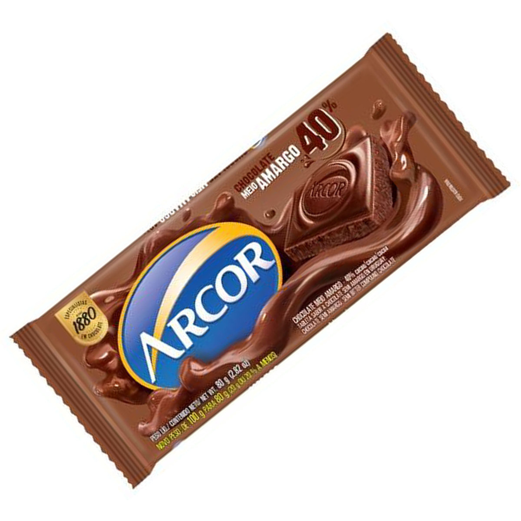 Barra de Chocolate Meio Amargo 40% Cacau Arcor Pacote 80g | Shopee Brasil