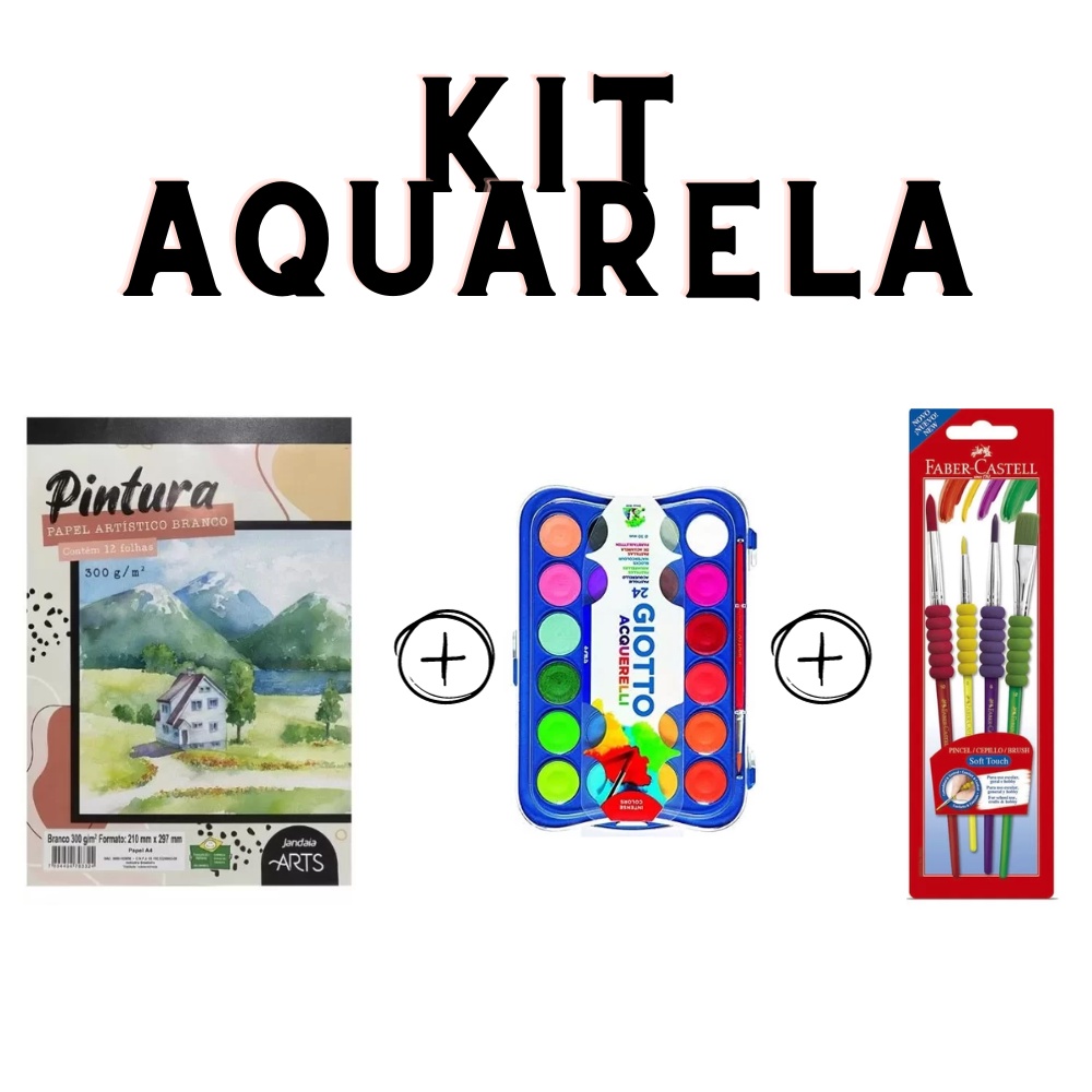 Kit Bloco De Papel Artístico 300G + Aquarela 24 Cores + Kit Pincel Soft ...