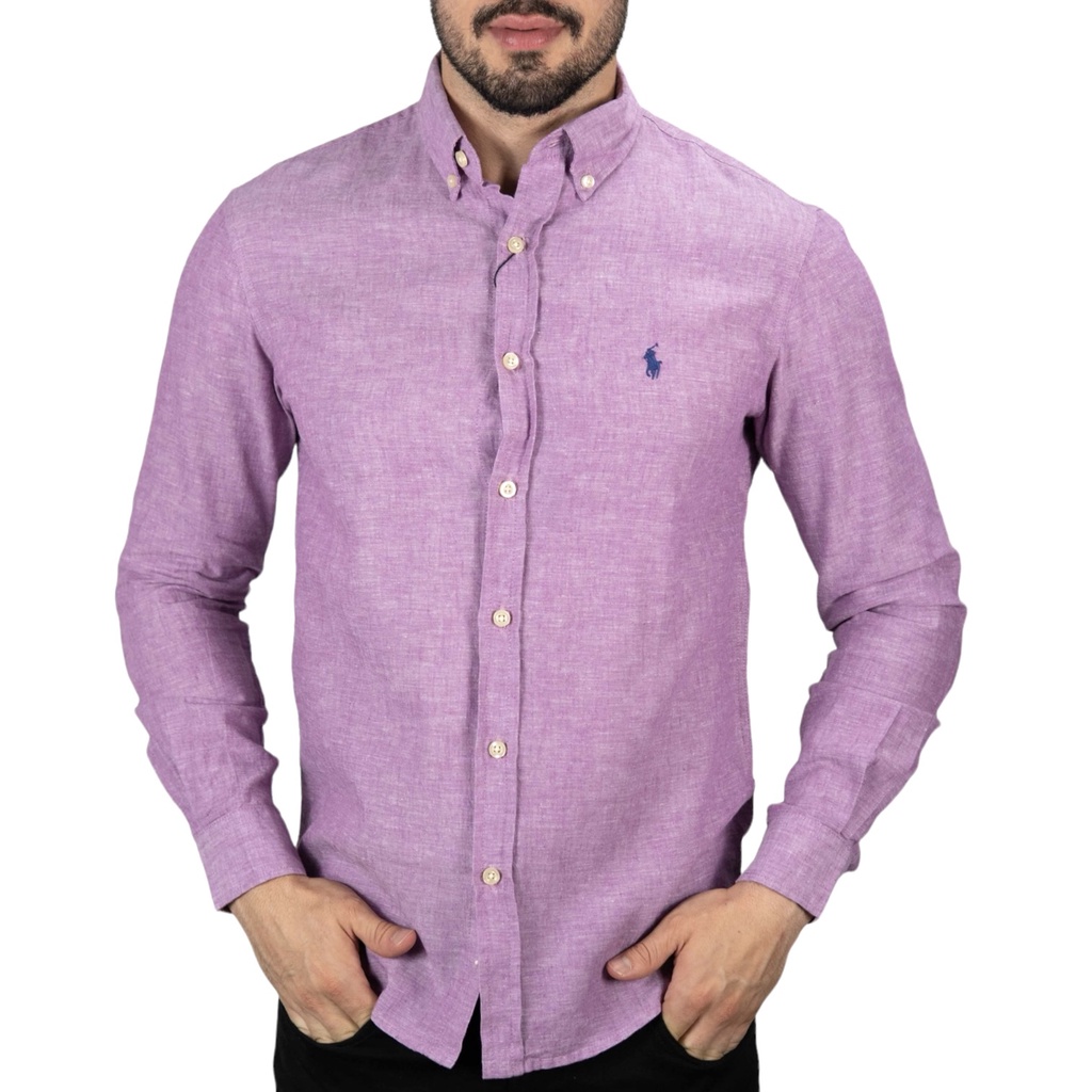 Camisa Ralph Lauren Linho Custom Fit Roxa | Shopee Brasil