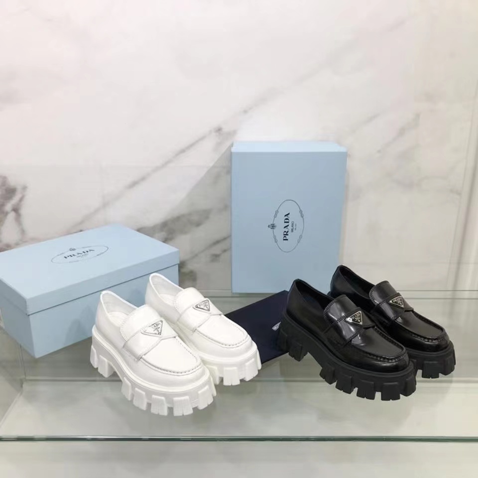 Prada Mocassim 22Fw Plataforma Preto/Simples Couro Triangular Logo | Shopee Brasil