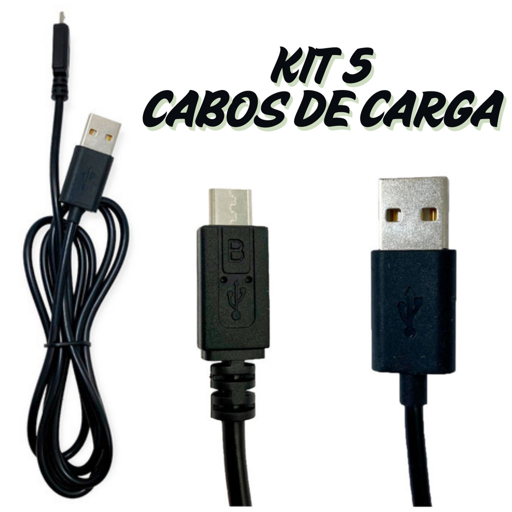 Kit 5 Cabos de Carga V8 Usb Preto 1 Metro Boa Qualidade Pronta Entrega ...
