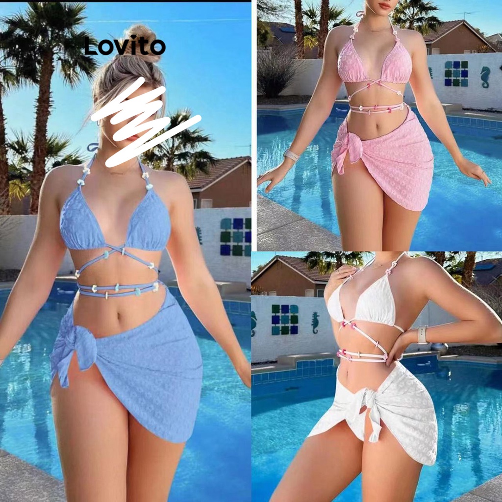 Lovito Conjuntos De Biquíni Sexy Simples Com Renda Para Mulheres