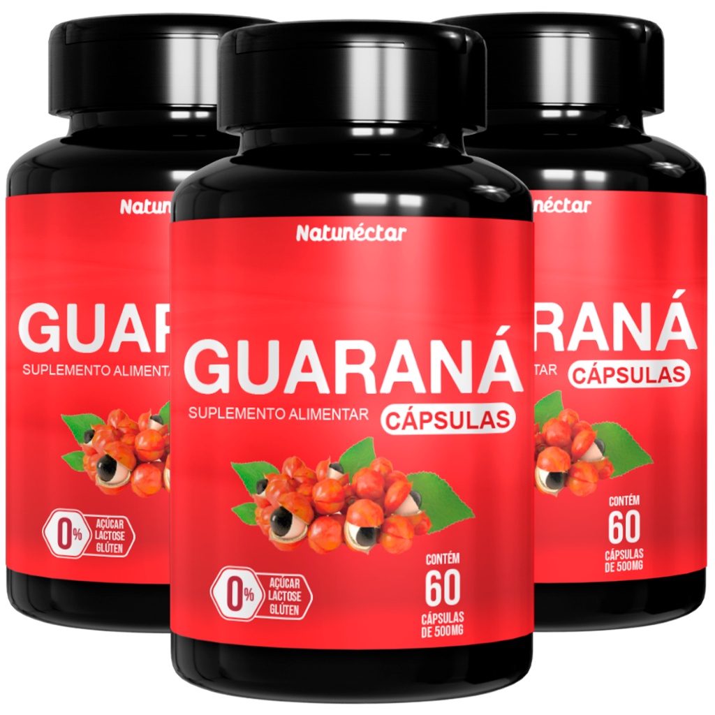Kit 3 Frascos Guaraná Suplemento Alimentar Natural Energia 100% Pura Natunéctar - 180 Capsulas ...