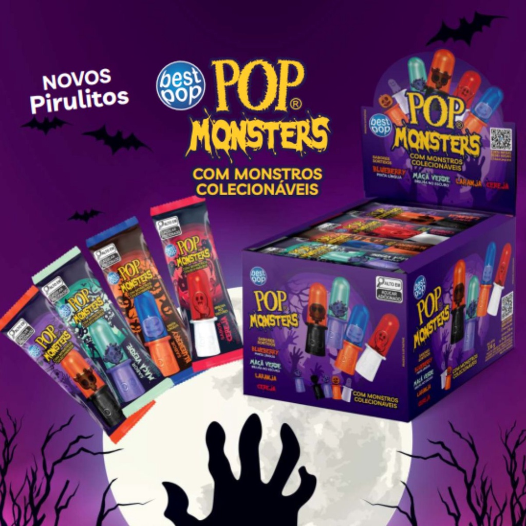 Pirulito Pop Monster Monstros Sortidos Colecionáveis 14g 24un Halloween ...