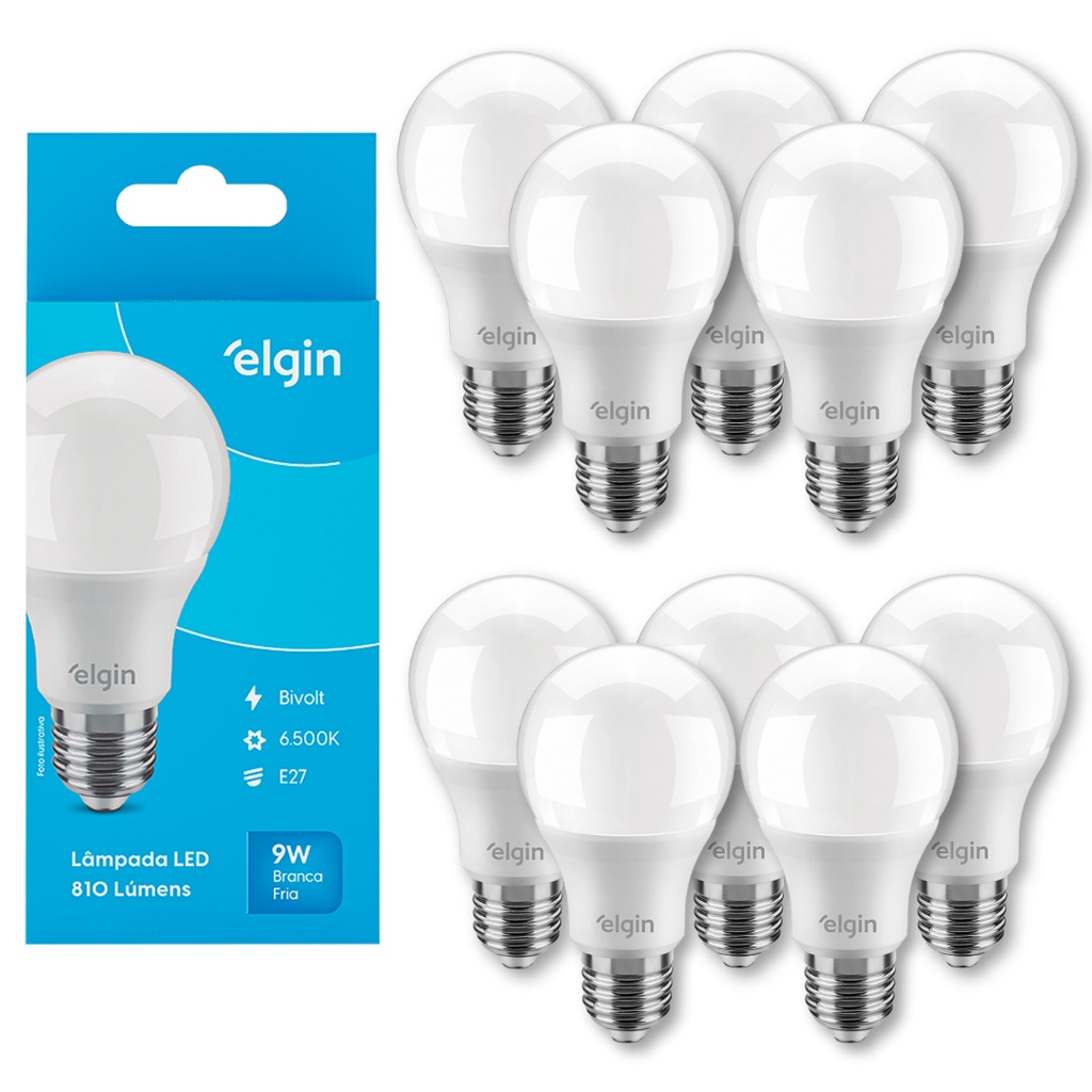 Kit 10 Lâmpadas Led Branca Fria E27 Bivolt Bulbo A60 9w 6500k Soquete Luz Elgin | Shopee Brasil