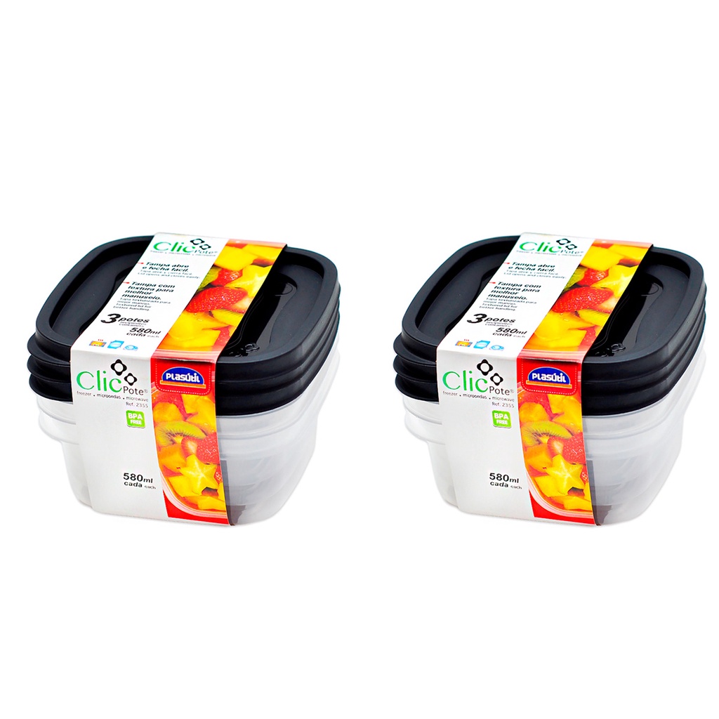 6 Potes 580ml quadrado plástico tampa alimentos mantimentos vasilha ...