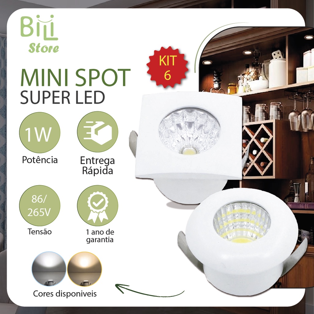 6 Mini Spot Led 1W Quadrado | Redondo Embutir Gesso Direcional GM Cor ...