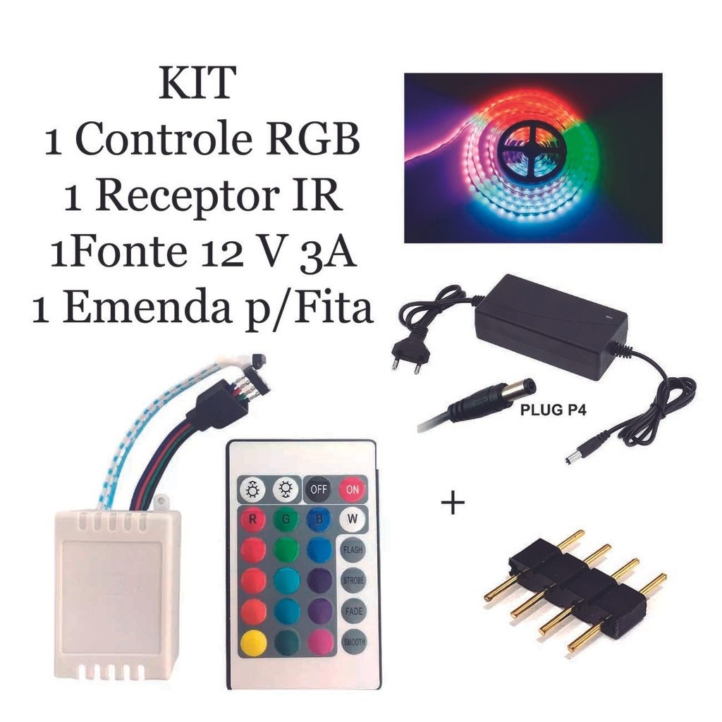 Kit - 1 Controlador Rgb + 1 Fonte 12V 3A + 1 Controle Remoto para Fita Led 5050 E 3528 + 2 ...