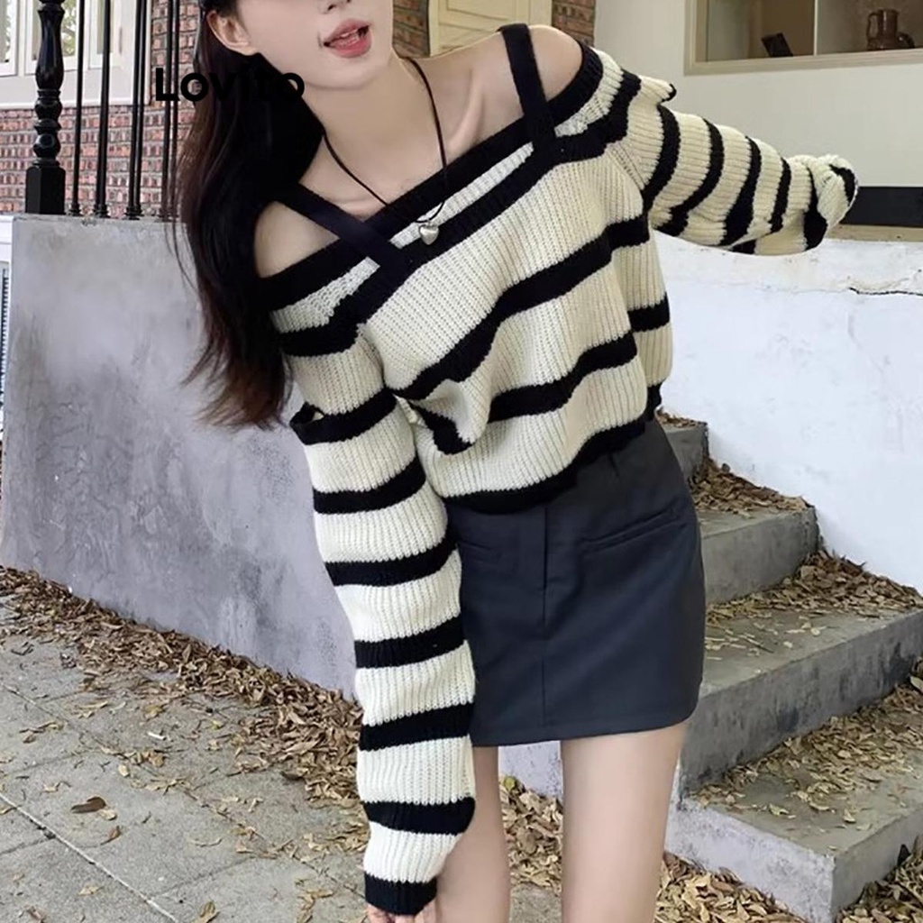 Lovito Casual Suéter Feminino Listrado Colorblock Com Ombro De Fora