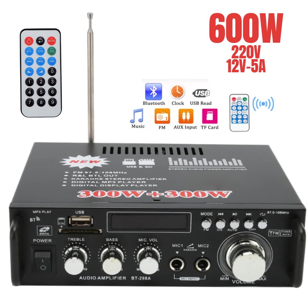 Amplificador Bluetooth Receiver USB Sd Fm Karaoke 2 Canais 600W 110V - 220V /12V-5A - Escorrega ...